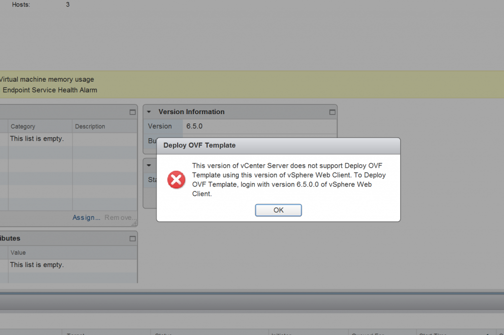 vCenter Server 6.5 U1 does not support deployment of OVF files